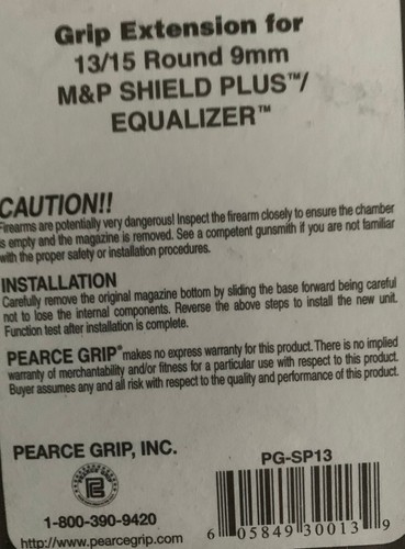 Pearce GRIP EXTENSION - BLACK, S&W M&P SHIELD PLUS/EQUALIZER, 9MM, 13 ...