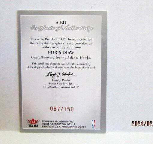 Boris Diaw 2003-04 Fleer Skybox Autographics#087/150 Rookie Autograph ...