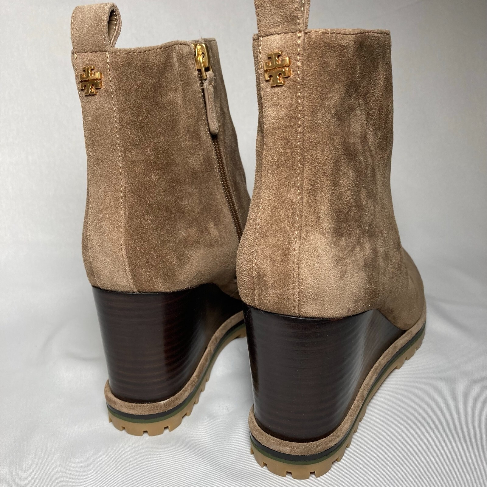 Tory Burch SUEDE LOGO LUG SOLE WEDGE BOOT Beige Size … - Gem