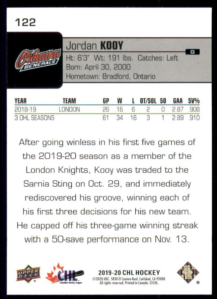 2019-20 Upper Deck CHL #122 Jordan Kooy | eBay