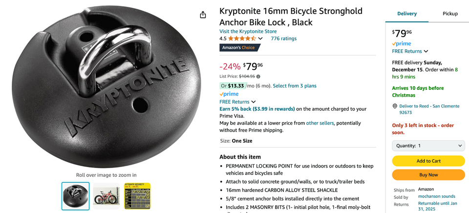 Kryptonite Above Ground Stronghold Security Anchor Lock Motorcycle Bike ...