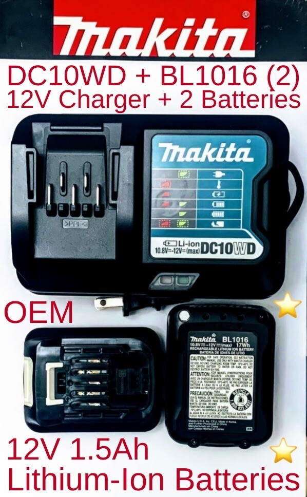 MAKITA BL1016 (2) 12V 1.5Ah OEM Lithium‑Ion Batteries + DC10WD 10.8 ...