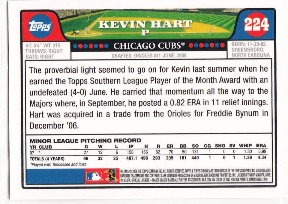 2008 Topps Chrome Rookie Autograph KEVIN HART RC Auto #224 Cubs | eBay