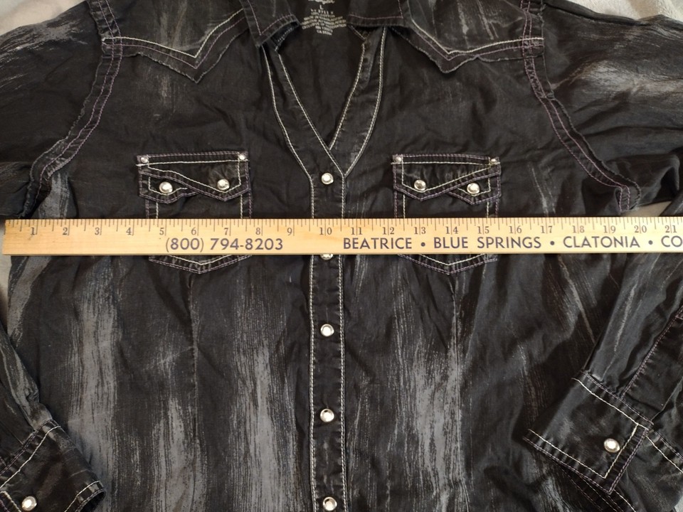 Rock 47 Wrangler Western Shirt Womens L Black Distressed Embroidery ...