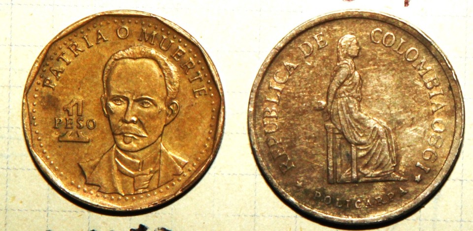 2 Coins - Colombia 5 Pesos Policarpa Execution 1980 / Cub@ 1 Peso 1992 ...