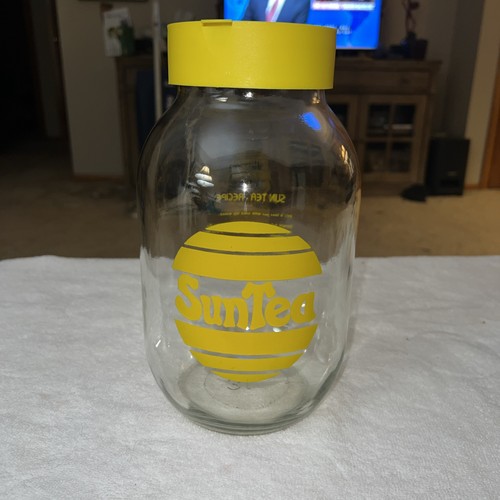 Vintage 70s SUN TEA Gallon 3L Glass Jug Jar Yellow With Recipe Made In ...