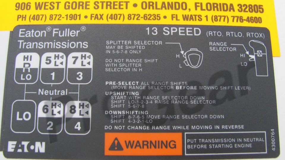 Eaton Fuller RTO RTLO 13 Speed Transmission Shift Pattern Decal 4300764 ...