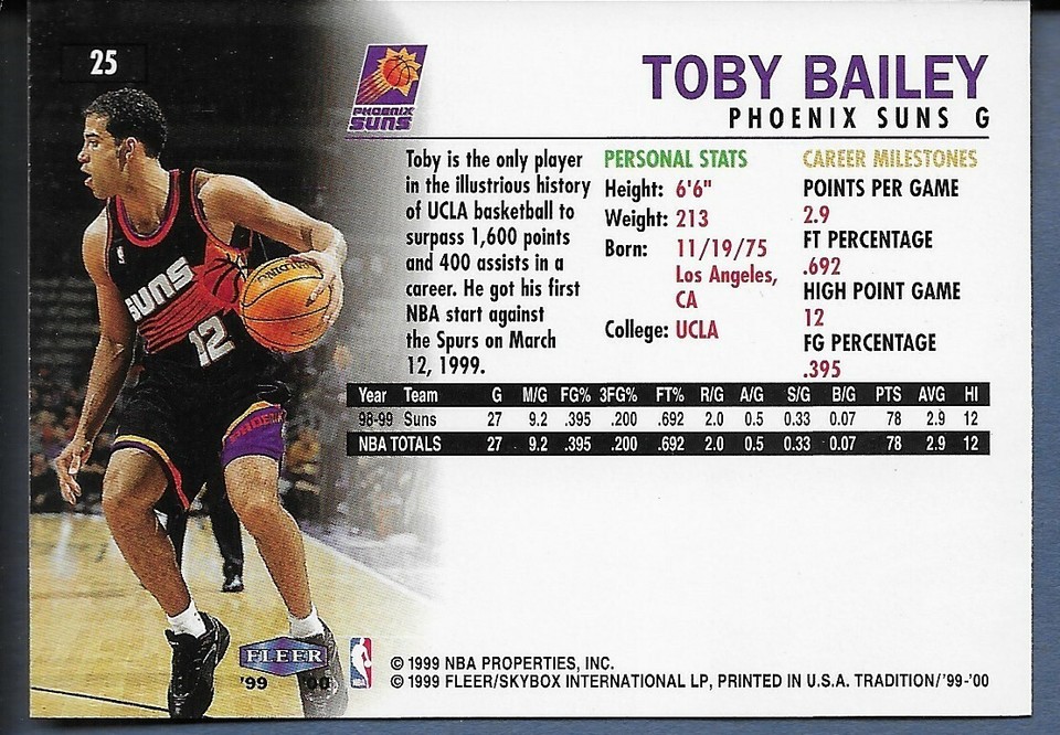 1999-00 Fleer Phoenix Suns Basketball Card #25 Toby Bailey | eBay