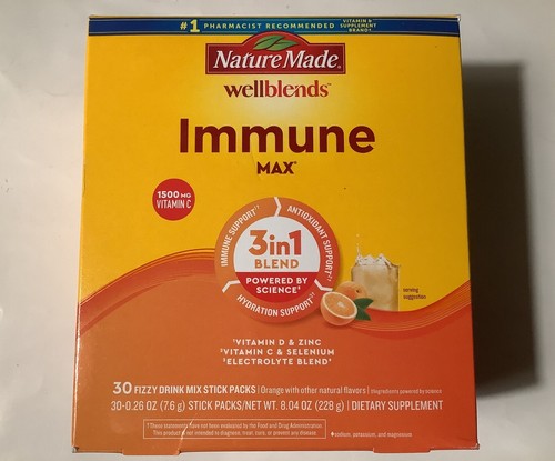 Nature Made Immune Max Fizzy Drink Sticks Orange 30 Ct Pack Exp 3/2026 ...