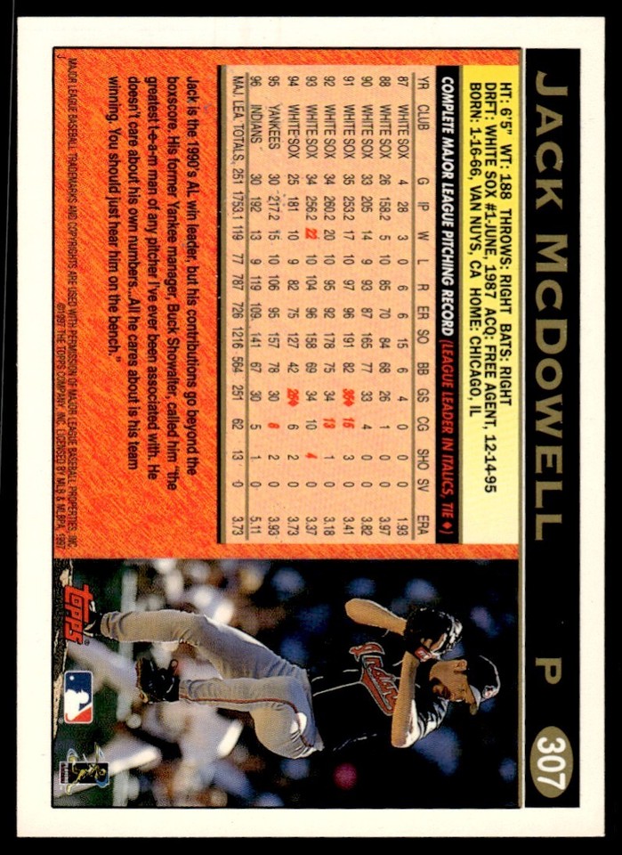 1997 Topps Baseball Card Jack McDowell huh Cleveland Indians #307 | eBay