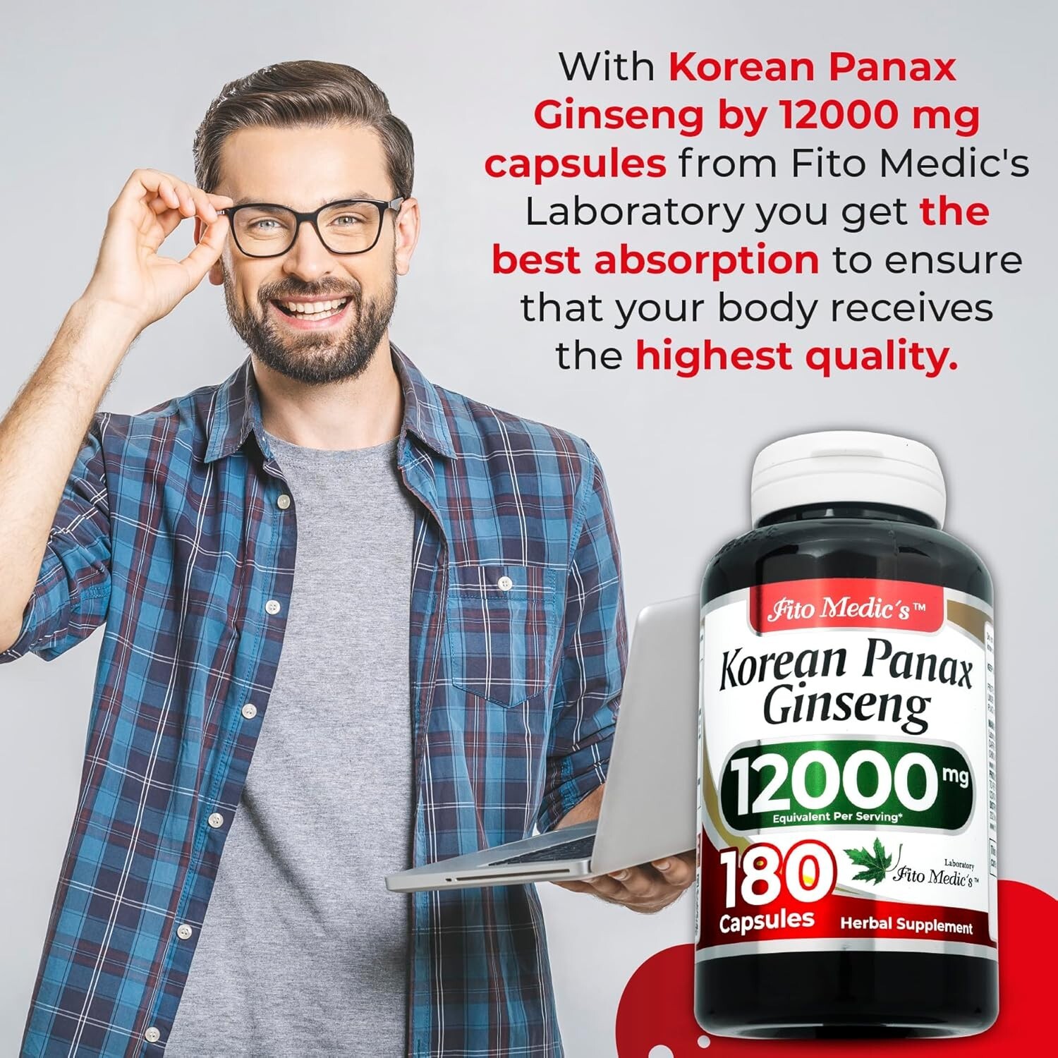 Korean Panax Red Ginseng, Red Ginseng Supplements Premium 12,000 MG 180 ...