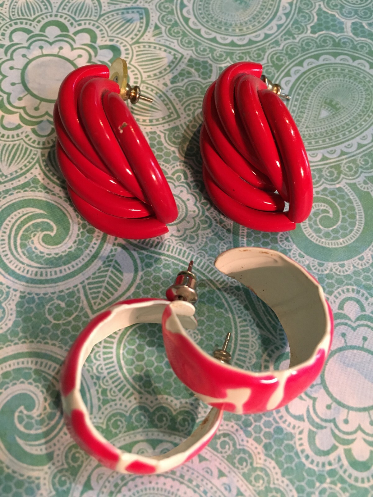 Red Earrings Big Bold Abstract Tubular & Reddish White Hoop Earrings ...