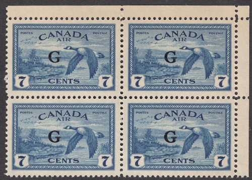 Canada: #CO2 7c Goose 'G' O/P Official UR Corner Block, *Re-entry Right ...