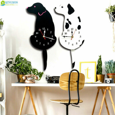 Cartoon Dog Wall Clock 3D Swing Tail Acrylic Stickers Watch Decor ...