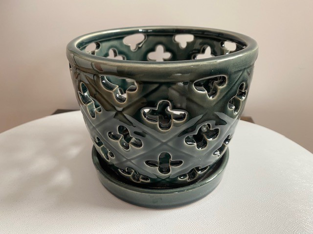 Orchid ceramic plant flower pot planter 6" glazed green round vent ...