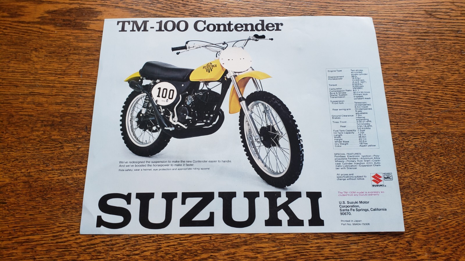 1975 SUZUKI TM 125 CHALLENGER TM 100 CONTENDER SALES SPECS BROCHURE | eBay