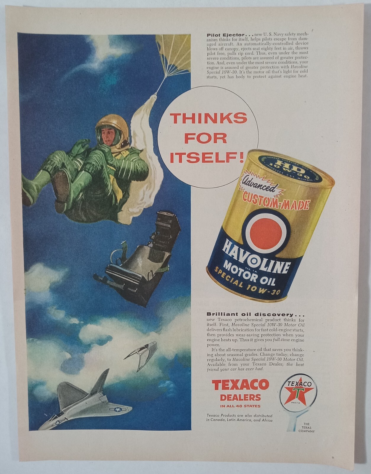 HAVOLINE Texaco Military Pilot Eject Oil Parachute Colorful Vtg Poster ...