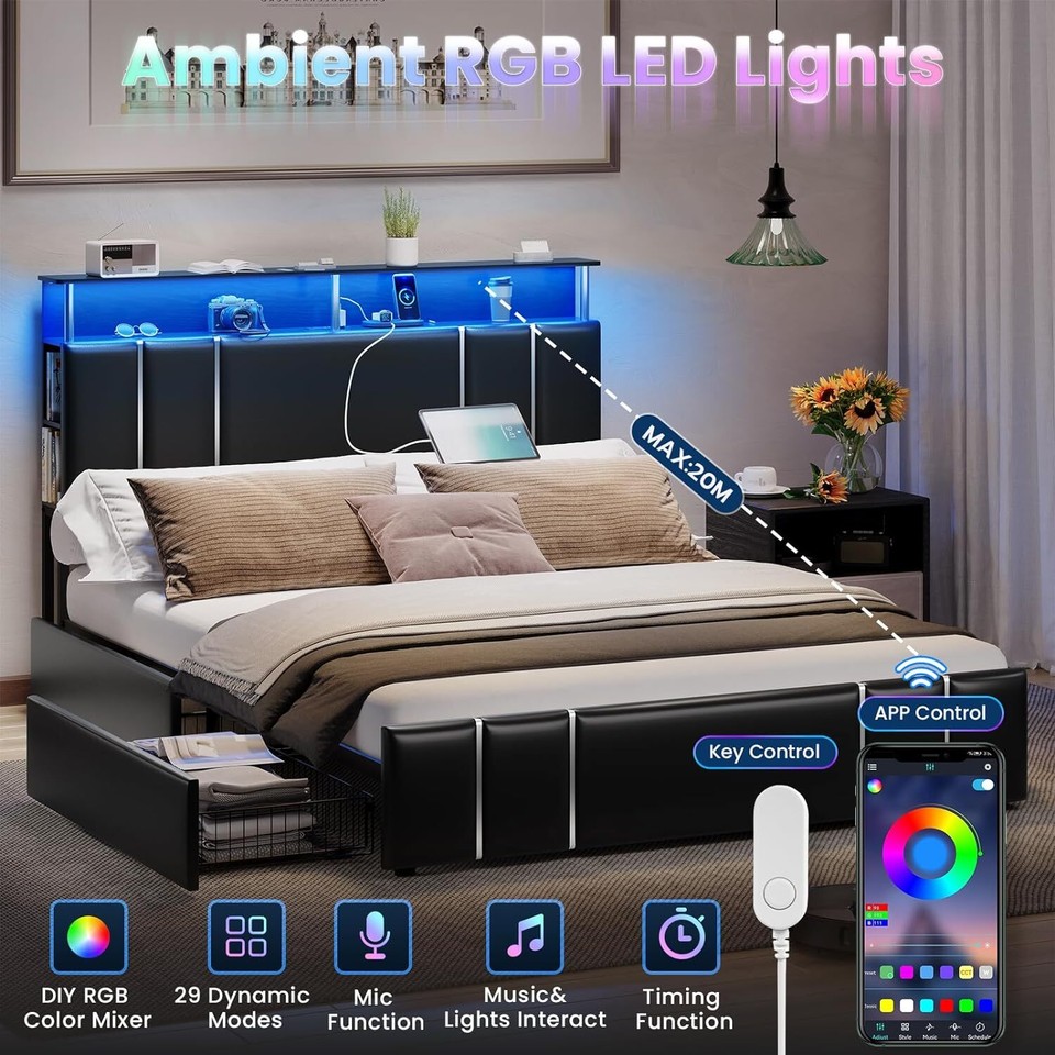 LED Bed Frame with Storage Headboard & Drawer Leather Upholstered Bed ...