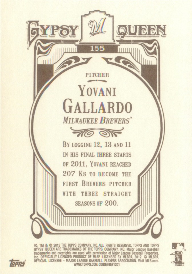 Yovani Gallardo 2012 Topps Gypsy Queen MLB Baseball Card #155 Milwaukee ...