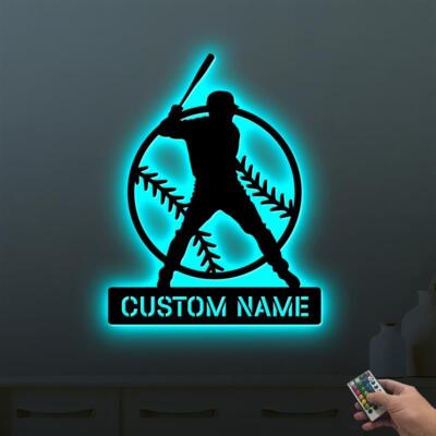 Personalized Baseball Player Metal Sign With LED Light, Sports Wall Art ...
