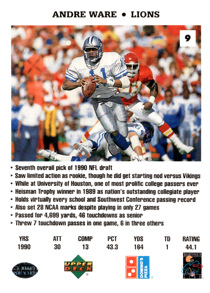 1991 Upper Deck Domino's Quarterback Challenge - #9 Andre Ware Lions | eBay