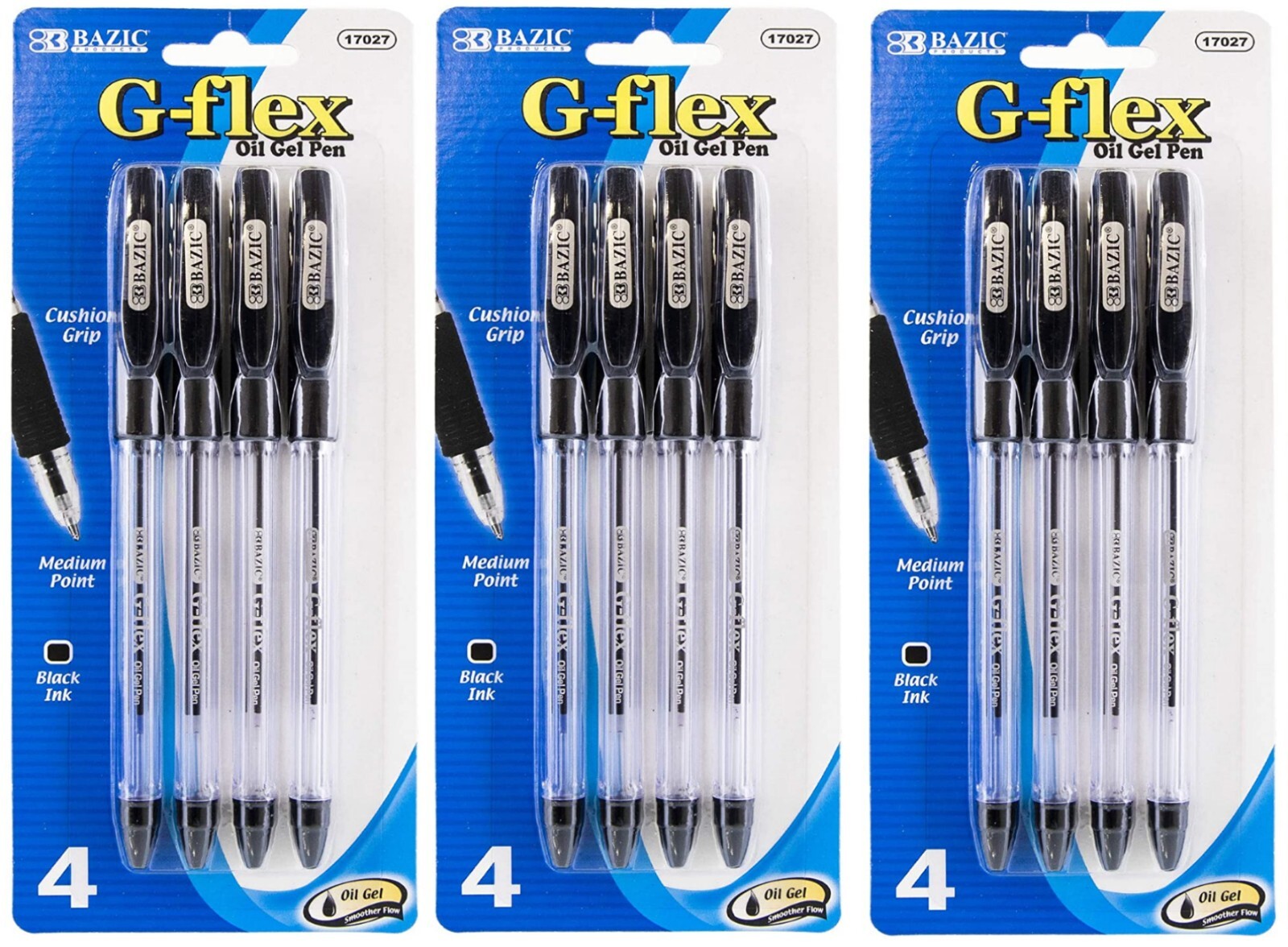 BAZIC G-Flex Black Oil-Gel Ink Pen with Cushion Grip 12 pcs Pack of 3 ...