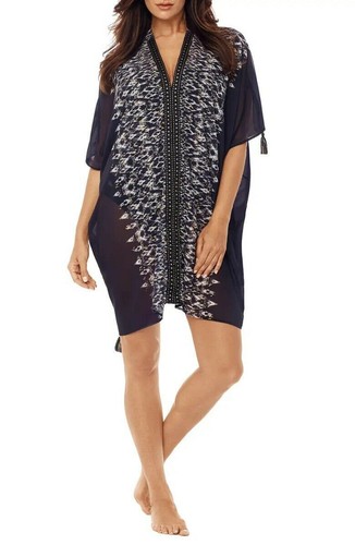 Miraclesuit Womens Black White Short Sleeve Swimwear Caftan Cover Up ...