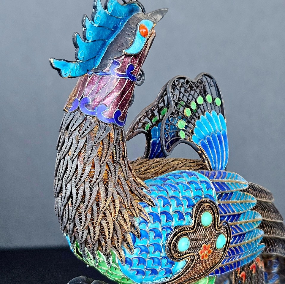 Vintage Large Chinese Export 925 Silver & Cloisonne Fenghuang Phoenix ...