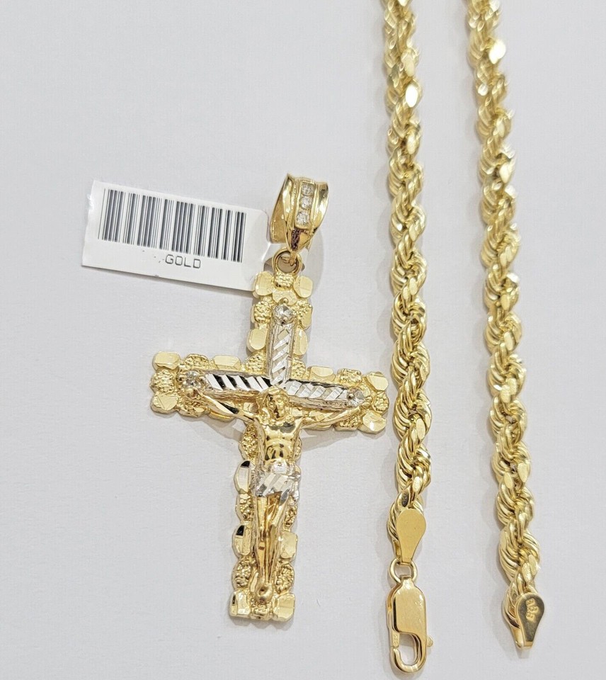 Real 10k Gold Rope Chain Jesus Cross Charm Pendant Set 18-28" inch 5mm ...