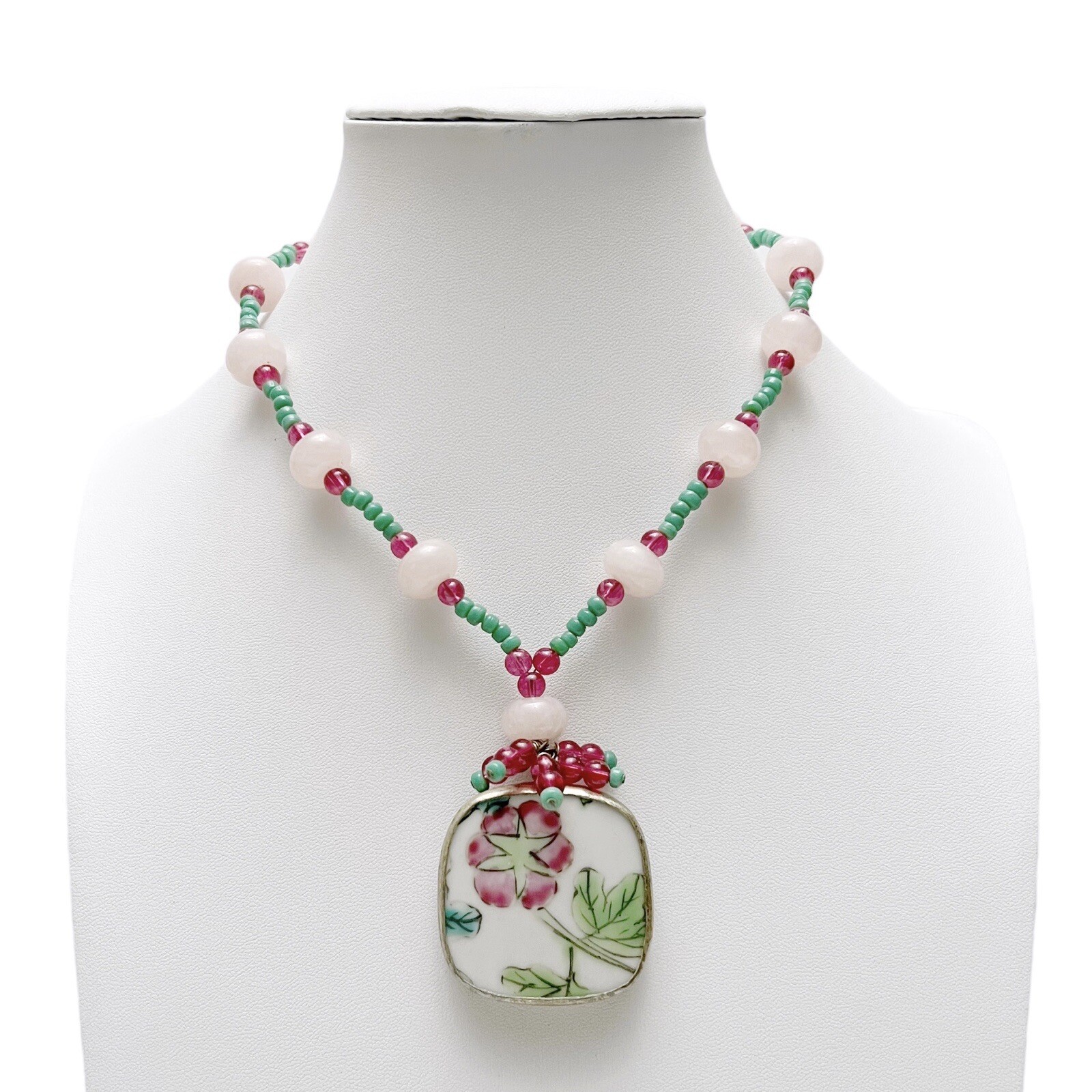 Pink & Green Chinoiserie Porcelain Shard Pendant Glas… - Gem