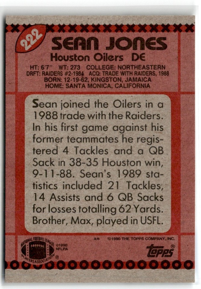 1990 Topps Sean Jones #222 Houston Oilers | eBay