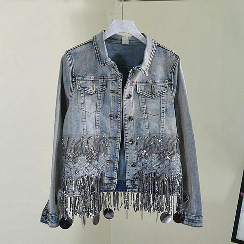 Women Denim Jacket Sequins Beading Tassels Slim Jean Coat Spring ...