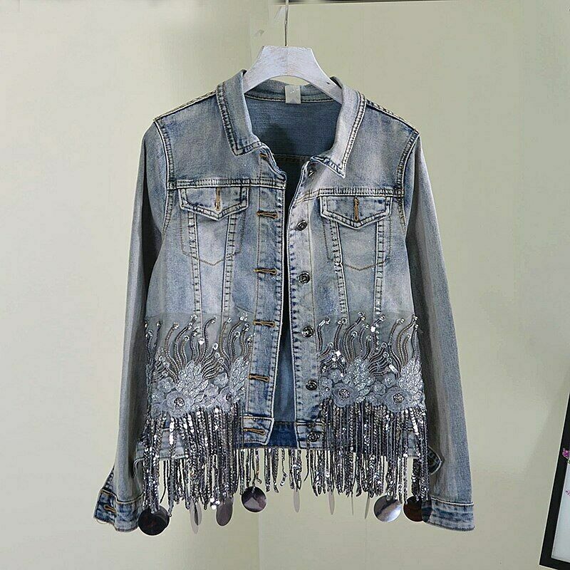 Women Denim Jacket Sequins Beading Tassels Slim Jean Coat Spring ...