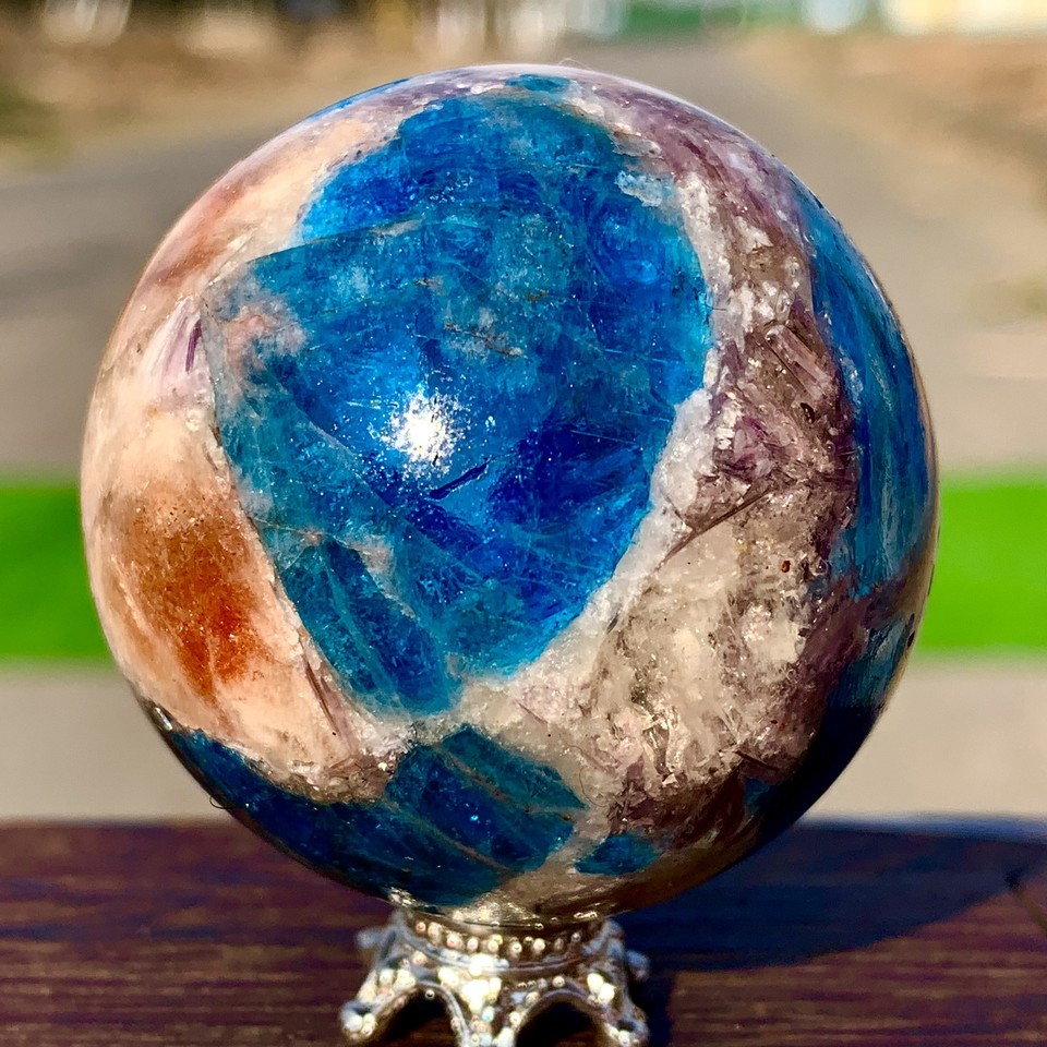 113GNaturalRare Blue Aptite+Sun Stone Sphere mineral sample energy ...