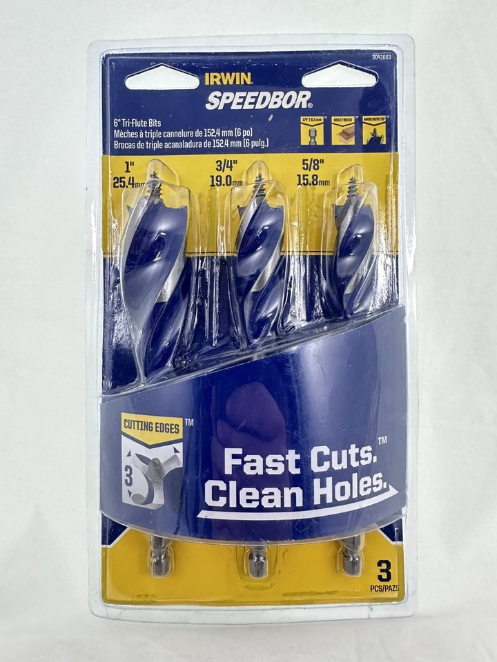 Irwin Speedbor Max 3-Pcs Tri-Flute Wood Drill Bit Set 6" Length 5/8", 3 ...