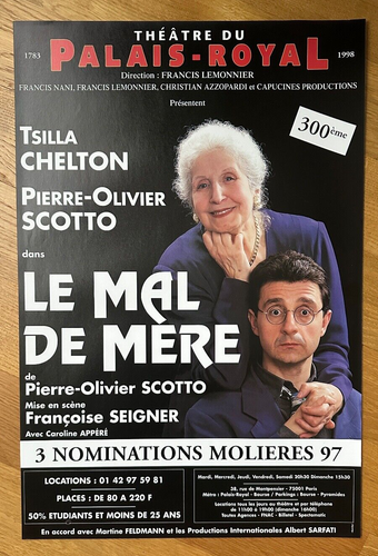 Affiche du théâtre du Palais Royal - Le Mal de mère - 40 x 60 cm 1998 ...
