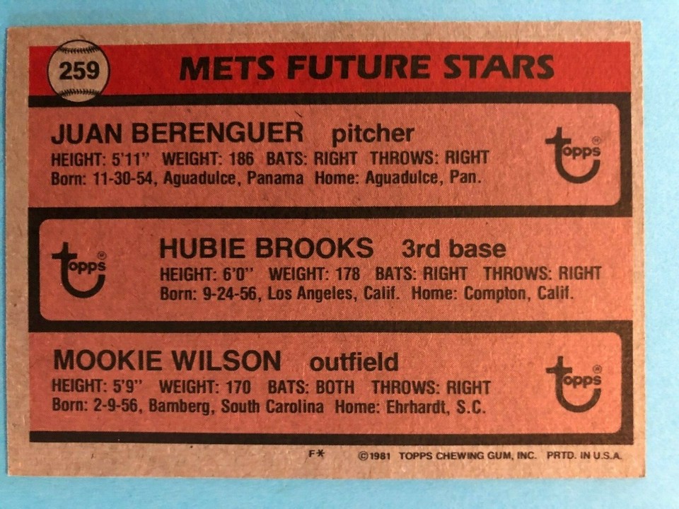 1981 Topps Mets Future Stars Rookie Card #259 - Hubie Brooks & Mookie ...