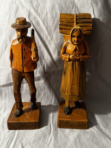 Vintage Hand Carved Folk Art Wood Old Man Old Women Figure German | eBay