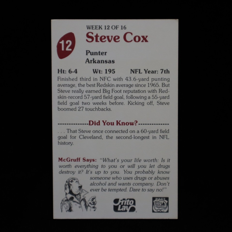 1987 Steve Cox Washington Redskins McGruff Frito Lay Police Card #12 | eBay