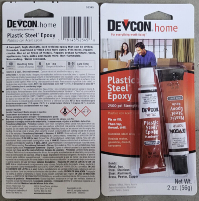 2 Pack Devcon 52345 Home Plastic Epoxy for Metal Iron Fix Dark Gray 1oz ...
