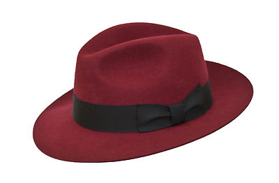 Gents Maroon 100% Wool Hand Made Wider Brim Felt Fedora Trilby Hat With ...