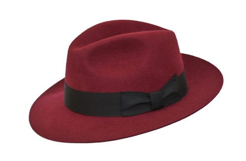 Gents Maroon 100% Wool Hand Made Wider Brim Felt Fedora Trilby Hat With ...