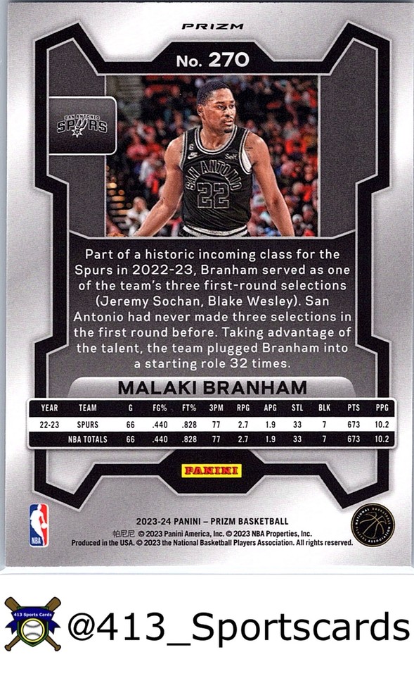 2023-24 Panini Prizm Malaki Branham Silver Prizm San Antonio Spurs #270 ...