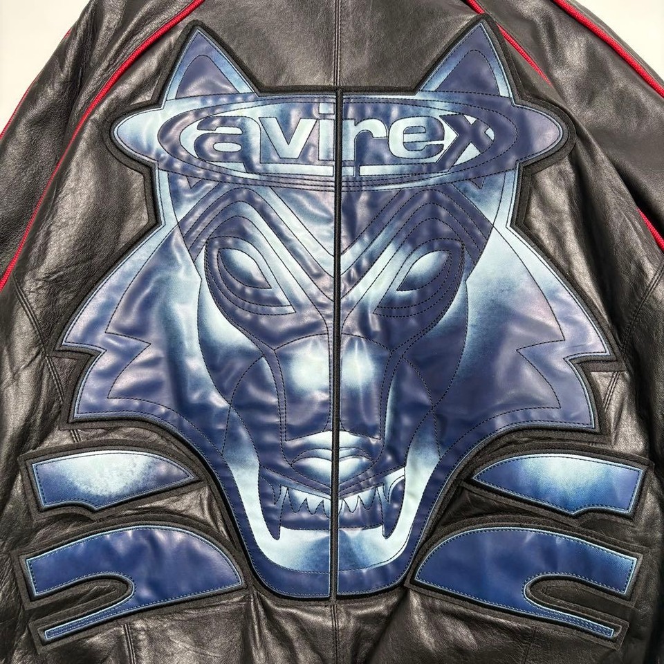 AVIREX Leather Jacket Varsity Black Bold Patch Design Authentic Used ...