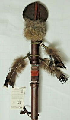 Native American Indian STONE Club TOMAHAWK w/ Fur Feathers Beads NAVAJO ...