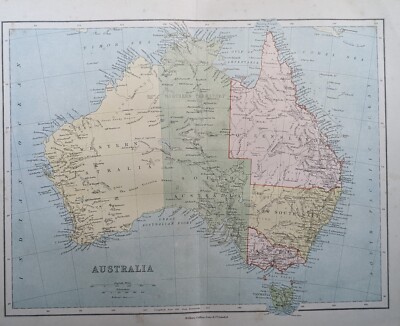 1877 ANTIQUE MAP - AUSTRALIA QUEENSLAND NEW SOUTH WALES VICTORIA ...