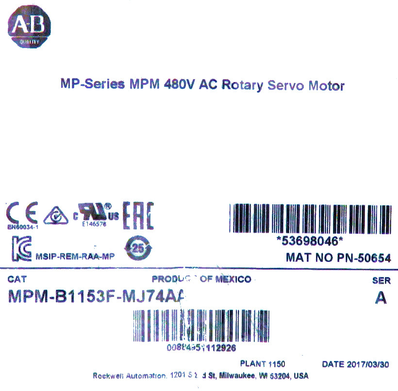 Allen Bradley Kinetix MP-Series MPM-B1153F-MJ74AA 460V Medium-Inertia ...