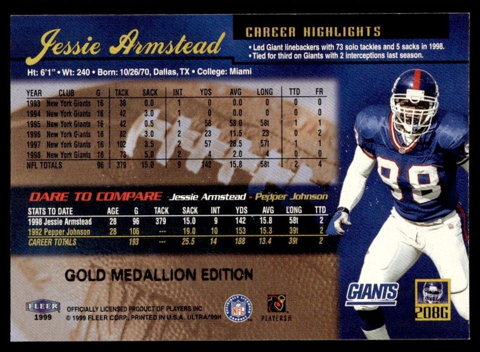 1999 Ultra Gold Medallion Jessie Armstead G92 New York Giants #208G | eBay
