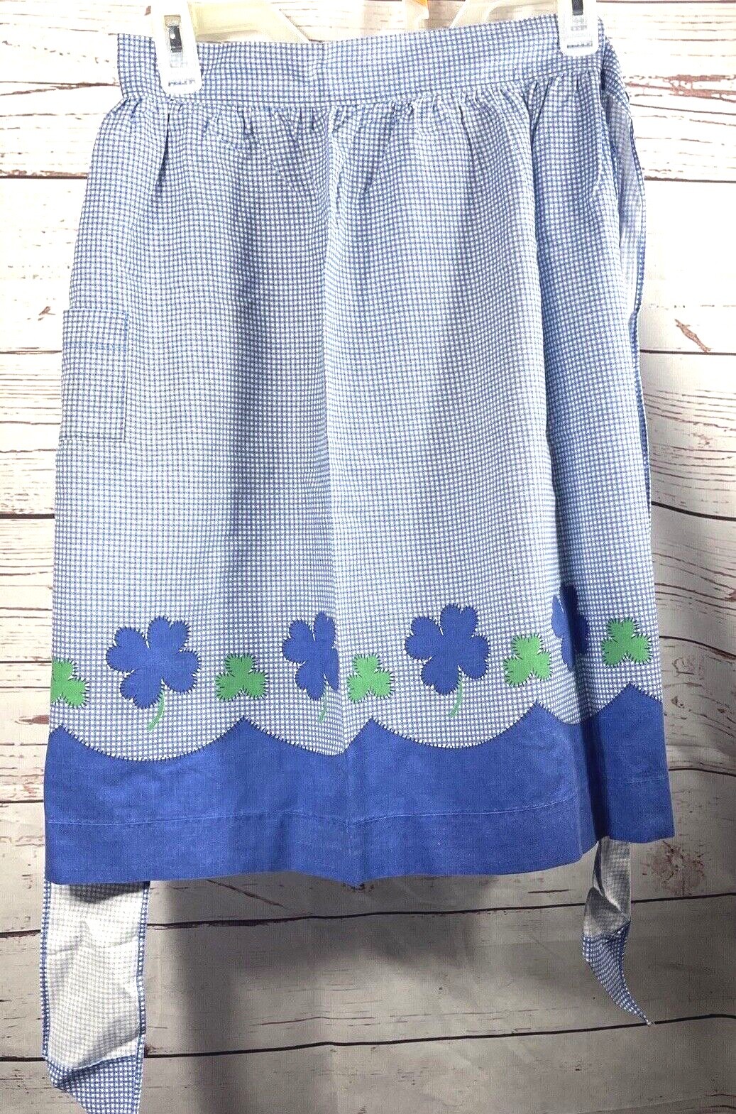 Vintage Blue White Gingham Check Cotton Half Apron Blue Green Clover ...