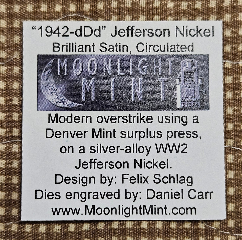 "1942 dDd" Dan Carr Token Jefferson Nickel Overstrike on Wartime 5C ...